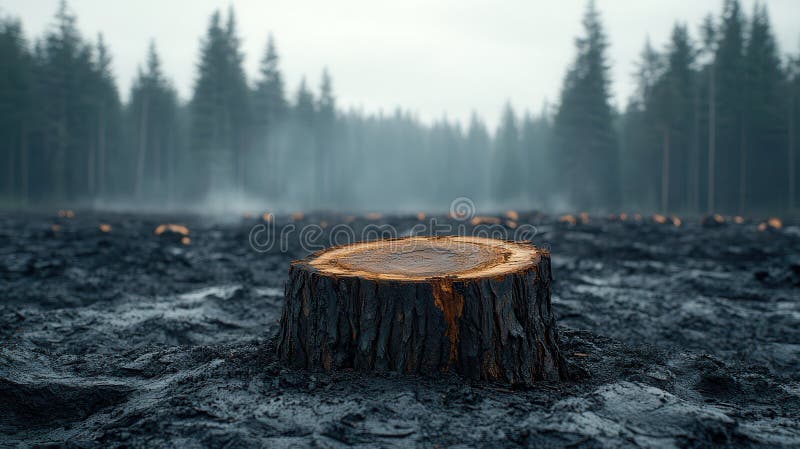 Smoldering Tree Stump in a Misty Charred Forest Stock Illustration ...