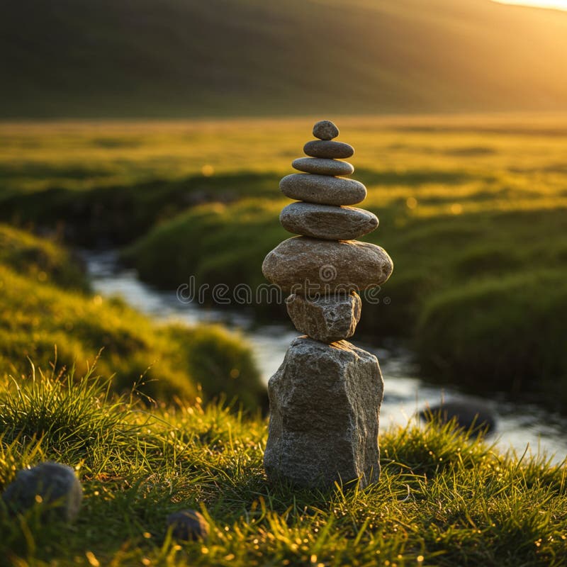 Smooth, Balanced Stack of Stones on a Grassy Field Next To a Small ...