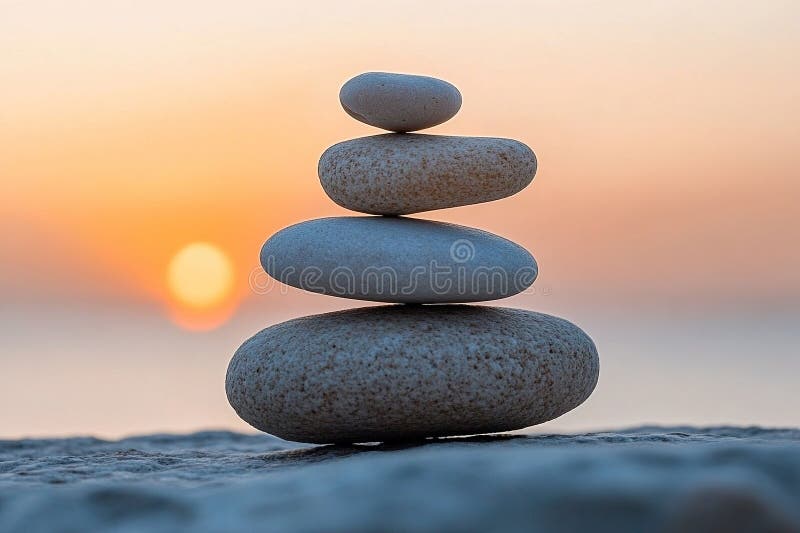 Smooth Balanced Stones are Stacked in a Pyramid on a Cliff with a ...