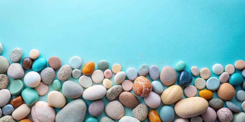 Smooth Beach Pebbles Flat Lay on a Light Blue Background a Minimalist ...