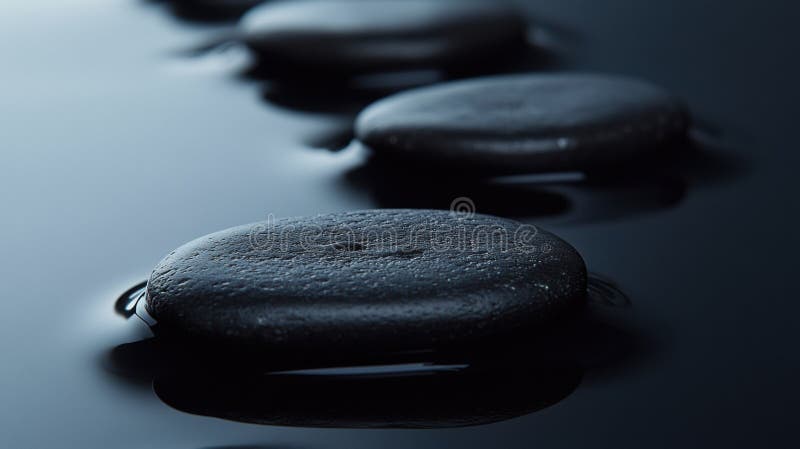 Smooth Black River Stones Resting on a Wet Reflective Surface Under ...