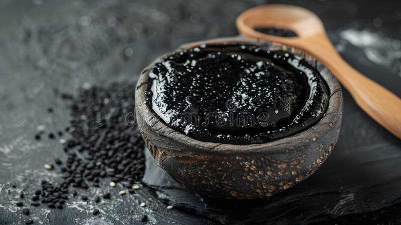 Black Sesame Paste in Ceramic Bowl with Wooden Spoon, Dark Background ...