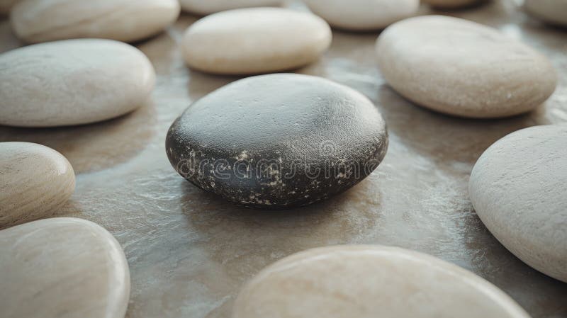 A Smooth Black Stone among Light Pebbles on a Wet Surface. Stock Image ...