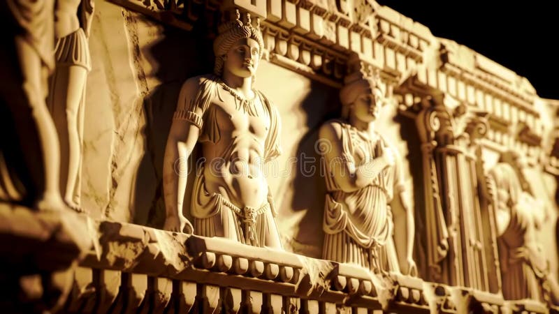 Smooth Camera Pan Across an Ancient Mythological Bas-relief Illuminated ...