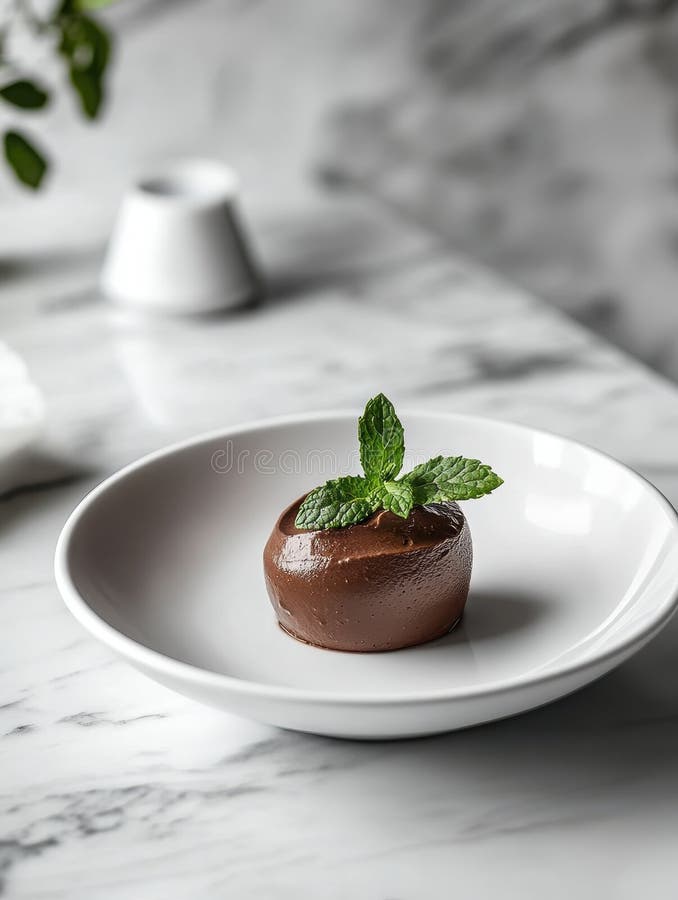 A Smooth Chocolate Dessert Garnished with a Fresh Mint Leaf on a ...