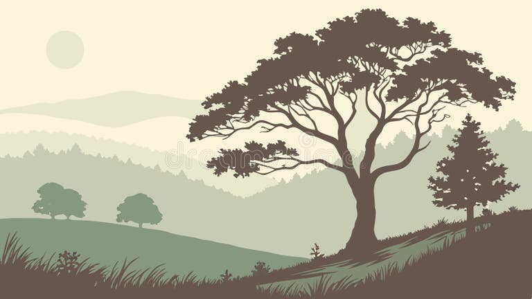 Smooth Color Gradient Landscape with Two Trees, Core Luminous, Vector ...