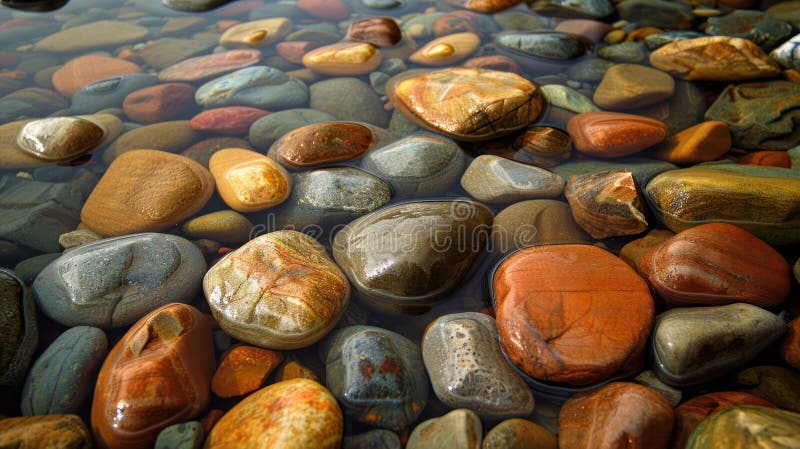 Smooth, Colorful River Rocks Submerged in Clear, Shallow Water Stock ...