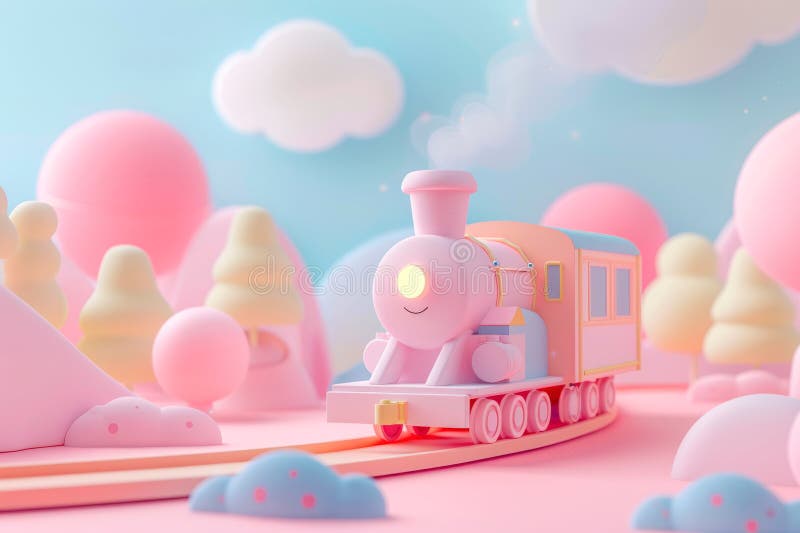 Smooth 3D Cartoon Train Running on the Rails with Soft Pastel Colors ...