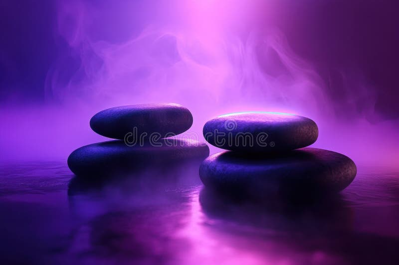 Stones on a Reflective Surface Surrounded by Purple Mist and Gentle ...
