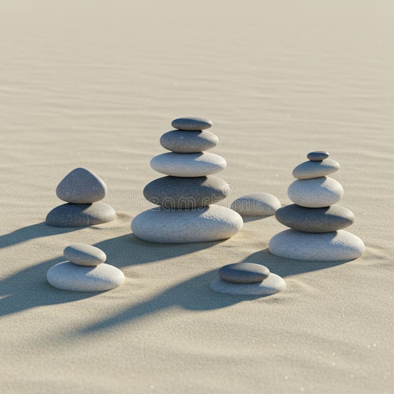 Smooth, Flat Pebbles are Artfully Stacked in Balanced Towers on a Sandy ...