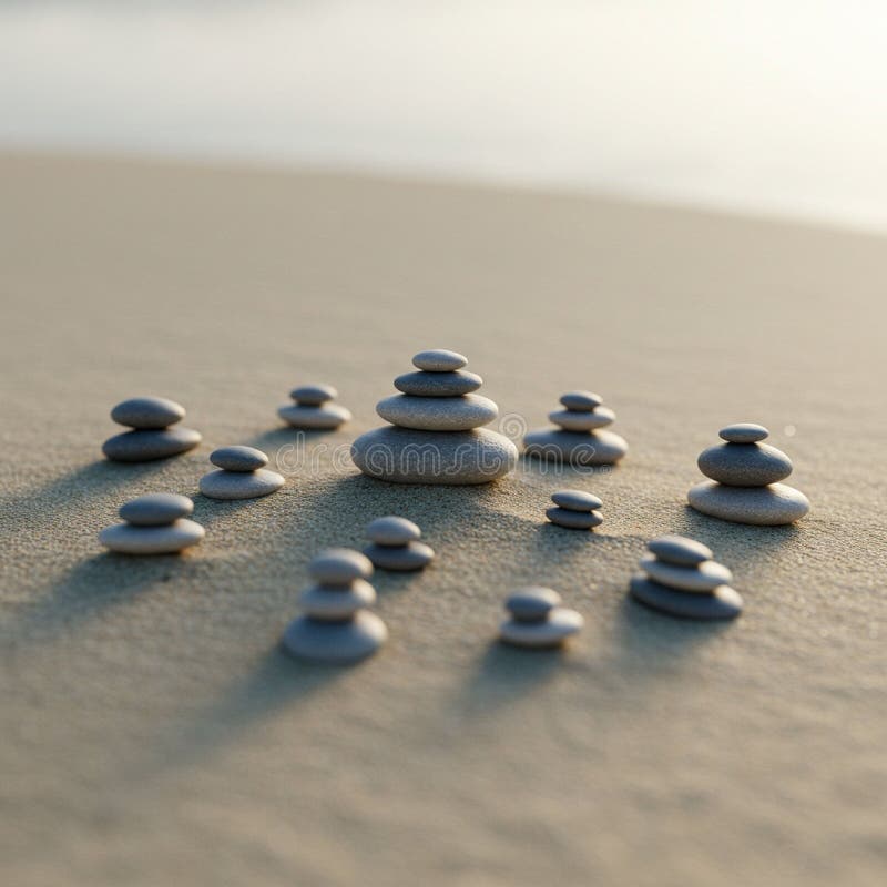Smooth, Flat Stones are Stacked in Small Piles on a Sandy Surface ...