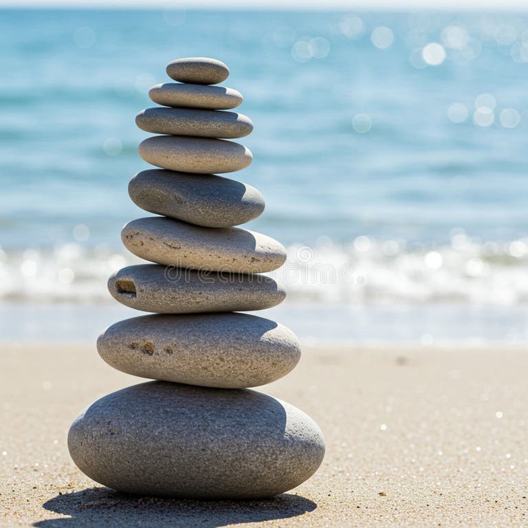 Smooth, Flat Stones Stacked in a Vertical Tower on a Sandy Beach. the ...