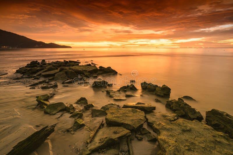 Smooth Flow of Water Pass Rock in Evening Stock Photo - Image of ...