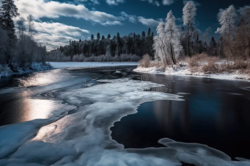 Smooth Flowing Surface of Cold Winter River in Ice Against Background ...