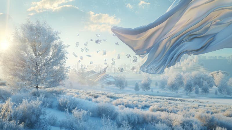 A Smooth Flying Crystal Cloth with a Scene from a Winter Landscape in ...