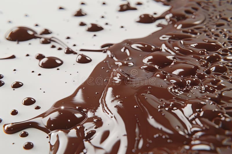 Thick Melted Chocolate Droplets Flowing on a Glossy White Background ...