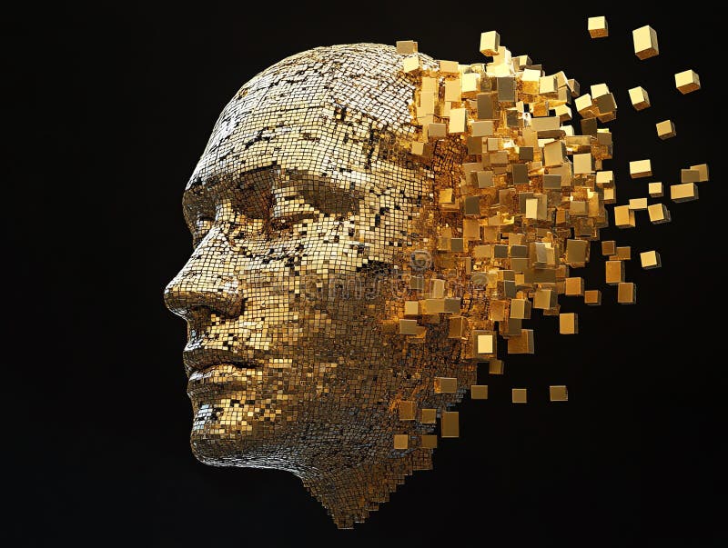 A Smooth, Golden Human Head Sculpture with the Right Side Dissolving ...