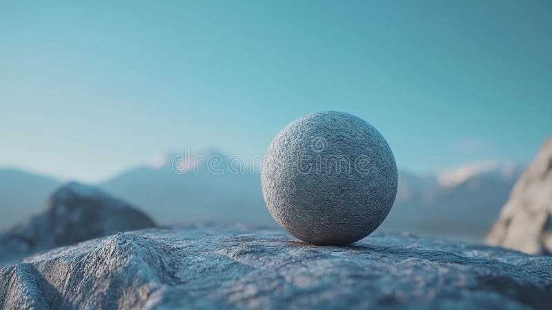 Smooth Gray Stone Sphere Resting on Rugged Rocky Terrain with a Blue ...