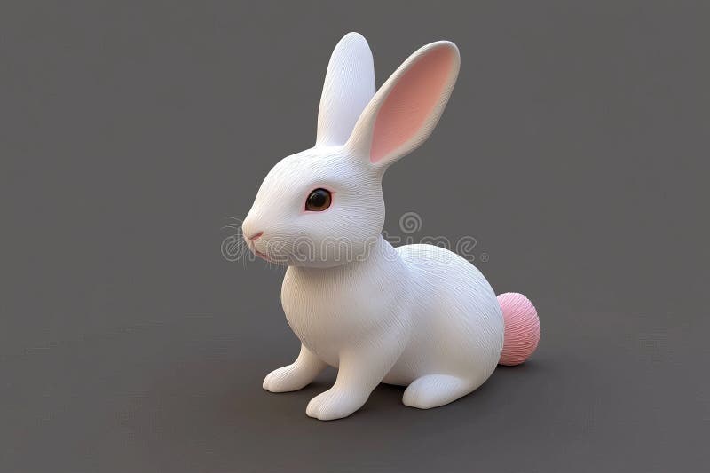 In a Smooth, Gray Studio Background, a Fluffy White Rabbit Sits ...