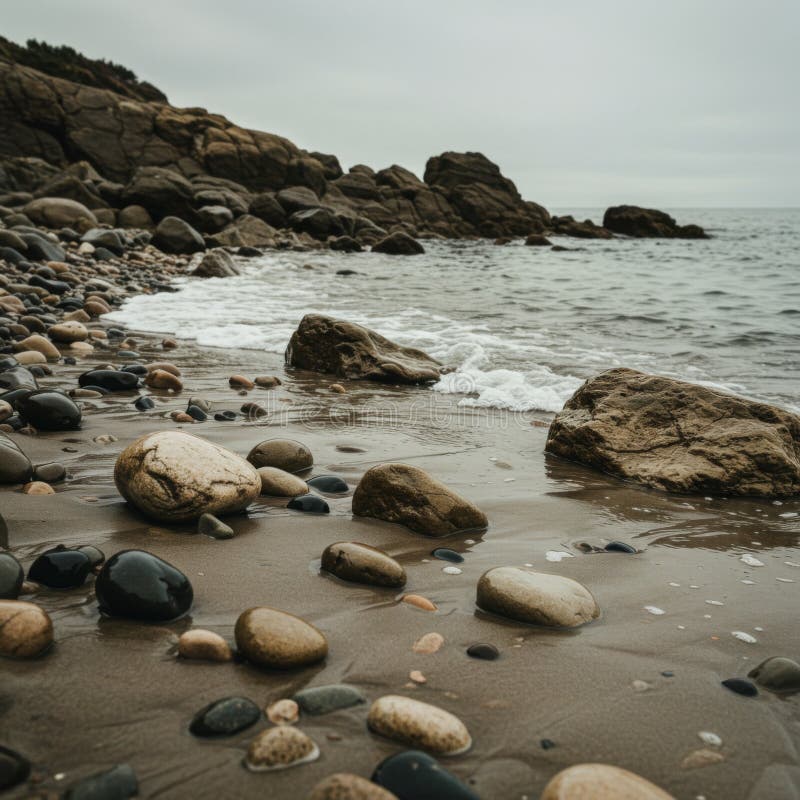 Smooth Grey Stones on Sandy Beach Ocean Coast Stock Illustration ...