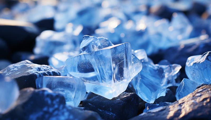 Smooth Ice Cube Reflects Vibrant Blue Backdrop in Close Up Generated by ...
