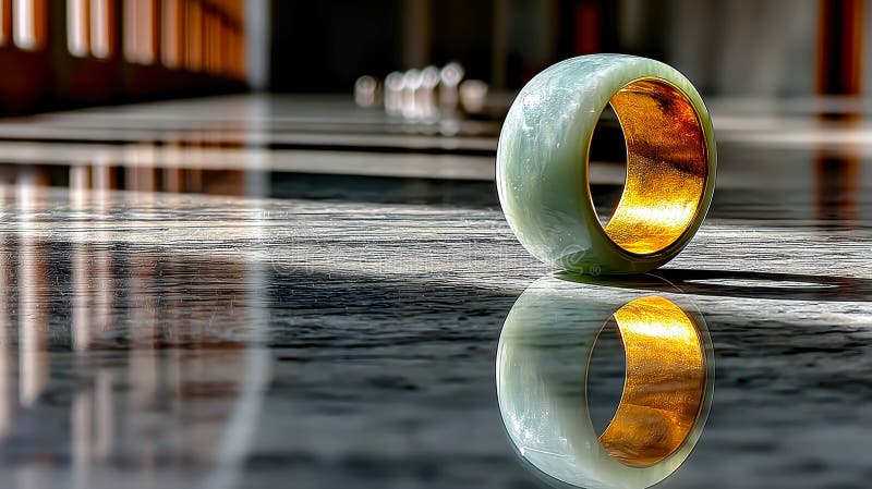 Smooth Jade Ring Stands Elegantly on a Mirror with Abstract Reflections ...