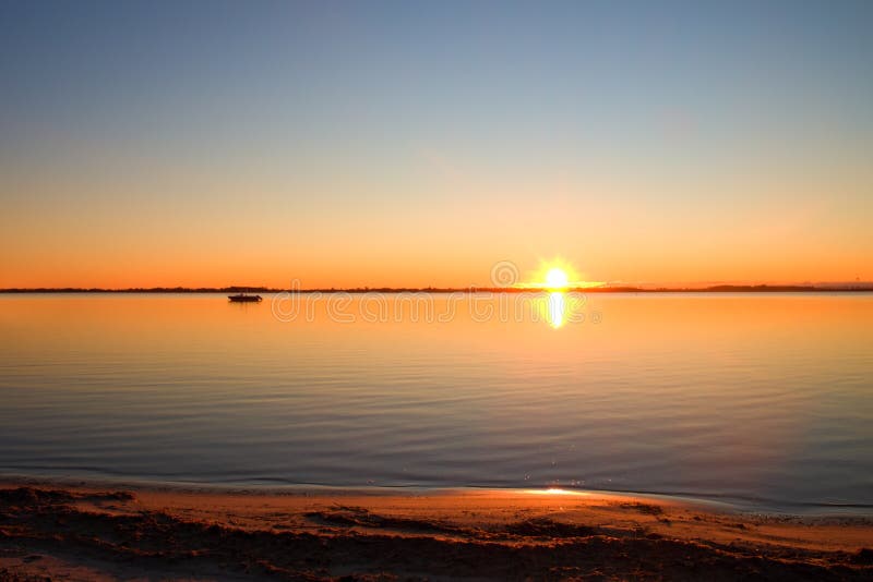 Smooth Lake Level at Warm Colorful Sunset, Sandy Beach Stock Photo ...