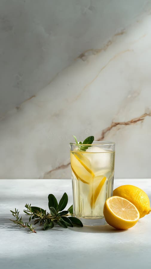Smooth Lemon Drink on Marble Table with Herbs, Natural Light, Corner ...