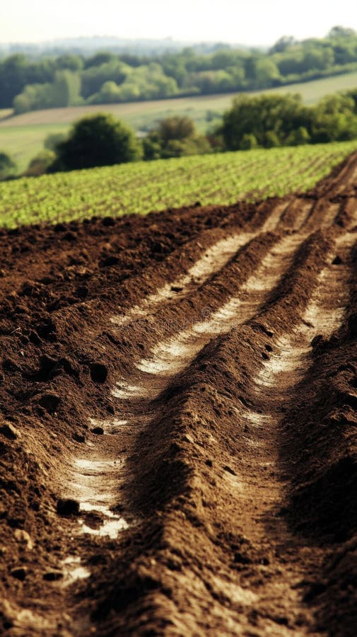 Close-up of Seedling Rows on Cultivated Field with Morning Light and ...