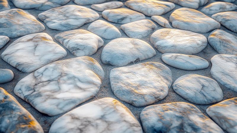 Smooth Marble Stones Cover a Sandy Surface Under Golden Hour Light on a ...