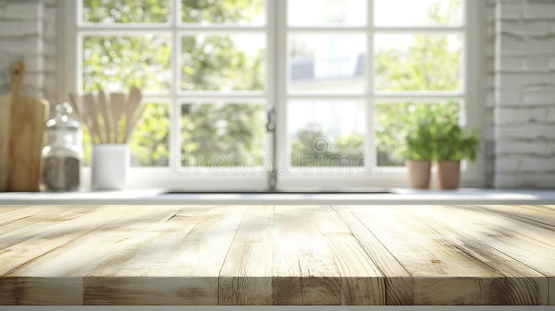 Smooth Oak Table Top with a Fresh, Modern Kitchen Background Stock ...