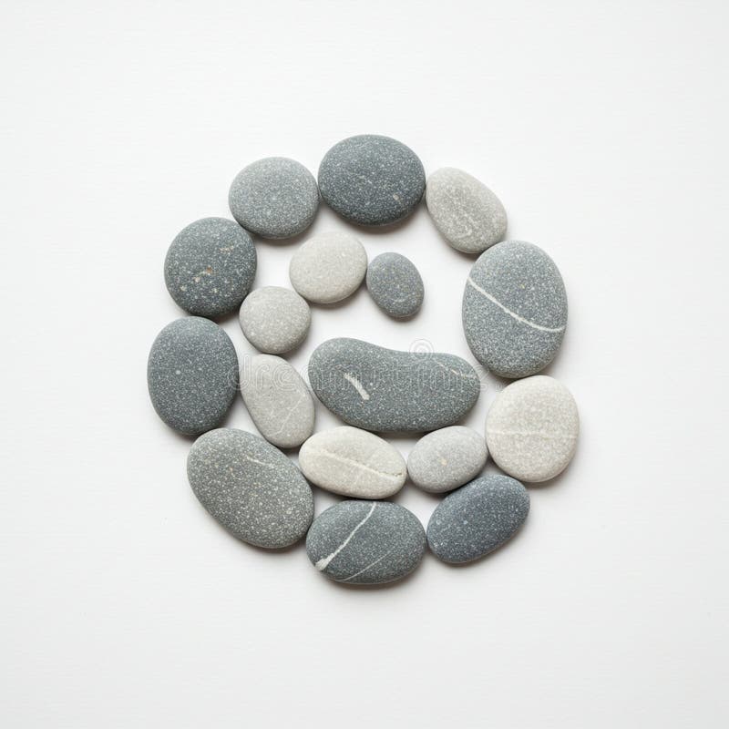 Smooth, Oval Pebbles Arranged in a Circular Formation on a White ...