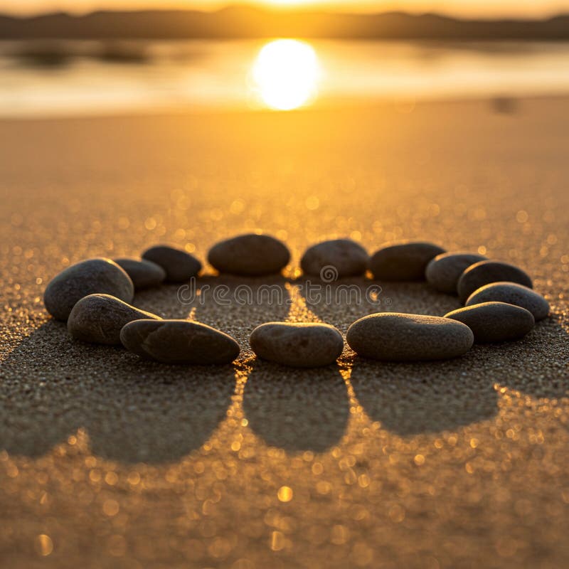 Smooth, Oval-shaped Pebbles Arranged in a Circle on a Sandy Beach are ...
