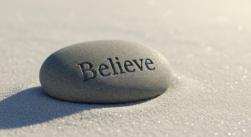 A Smooth, Oval-shaped Stone Rests on a Sandy Surface. the Word "Believe ...