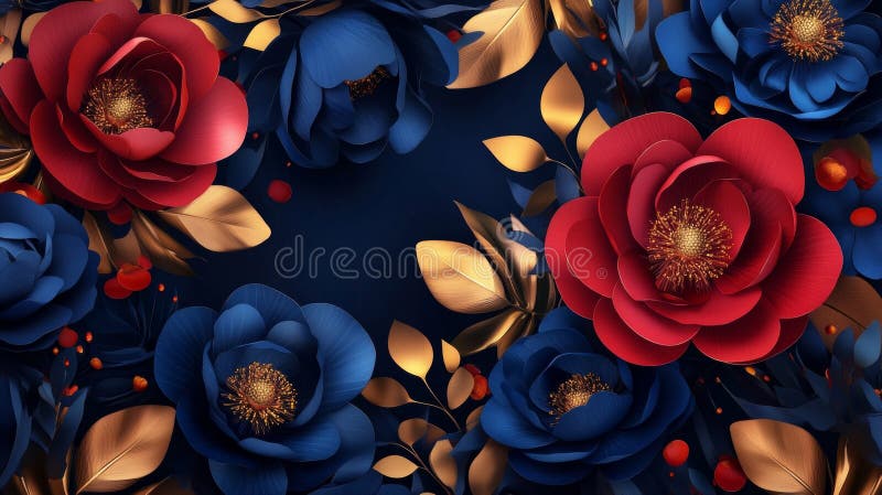 A Smooth Pattern Featuring Red and Blue Flowers on a Dark Blue Base ...
