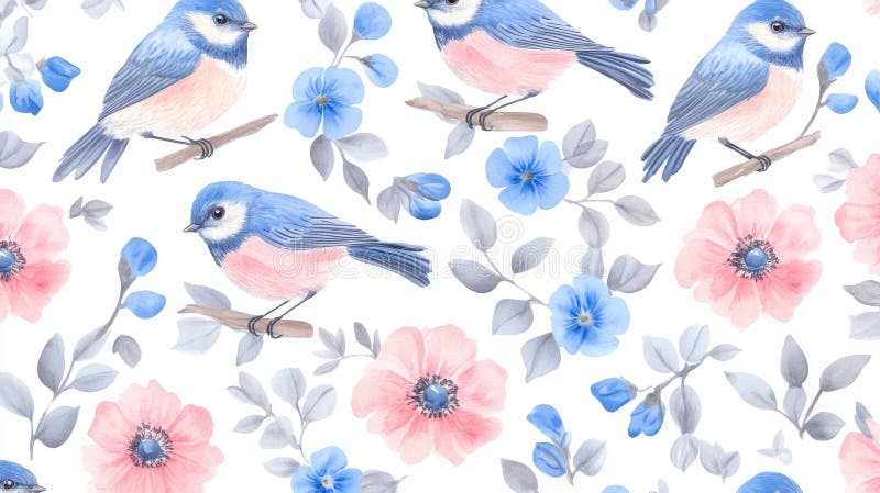 A Smooth Pattern of Petite Birds and Blooms in Pastel Shades ...