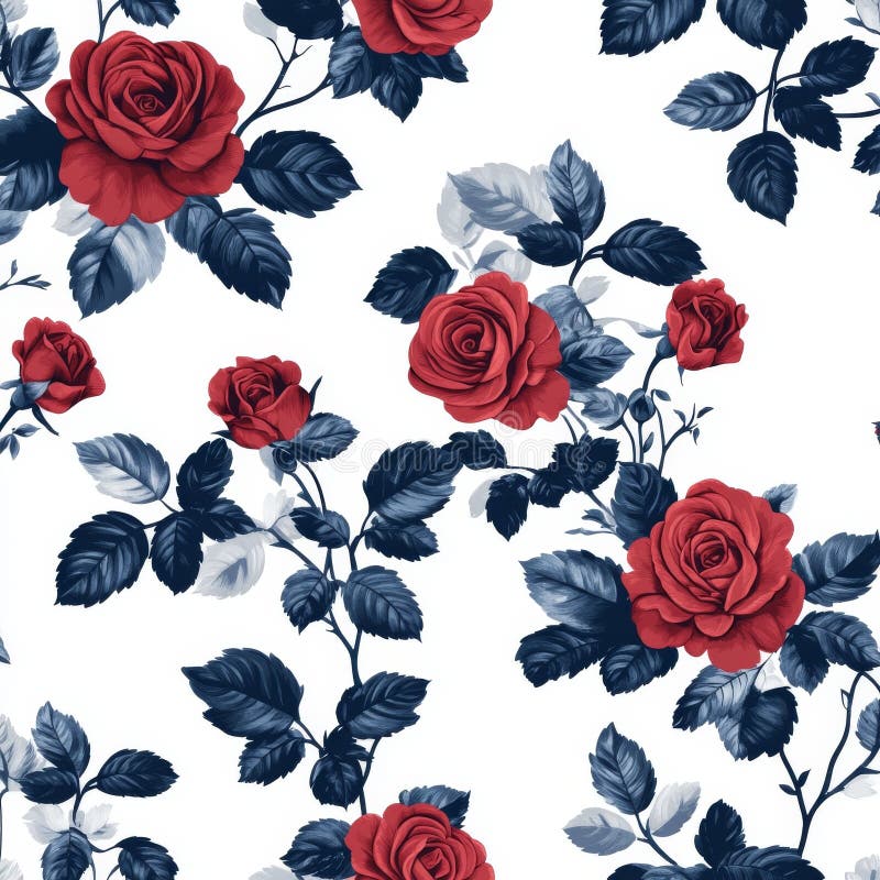 A Smooth Pattern of Red Roses and Blue Leaves on a White Background ...