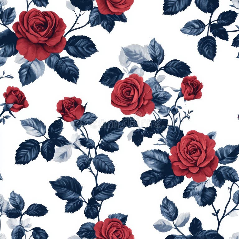 A Smooth Pattern of Red Roses and Blue Leaves on a White Background ...