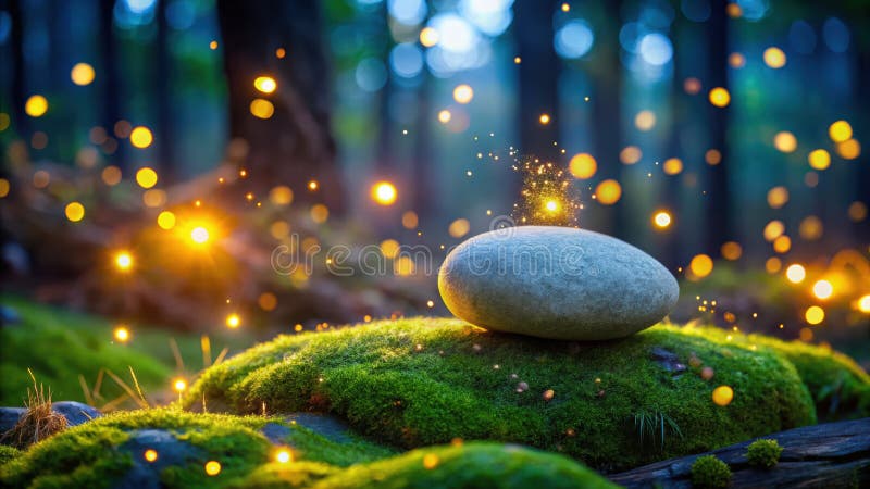 Smooth Pebble Balanced on Moss with Glowing Lights in Forest Stock ...