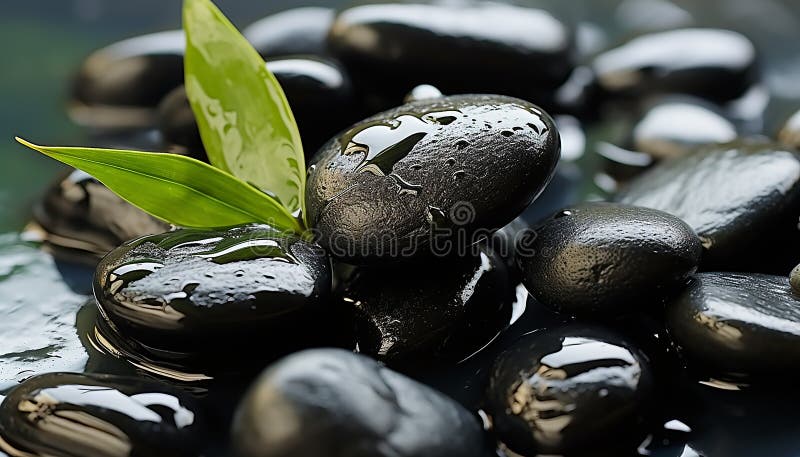 Smooth Pebble Reflects Green Leaf in Tranquil Water Generated by AI ...