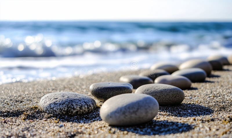 Smooth Pebbles Arranged Sandy Beach Ocean Waves Background Stock Photos ...