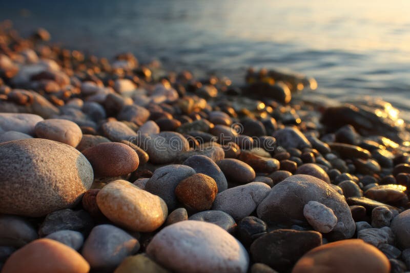 Smooth Pebbles Basking in Sunlight on a Tranquil Lakeside at Golden ...