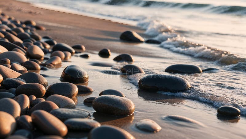 Smooth Pebbles Line the Shoreline As Gentle Waves Rush in during Sunset ...