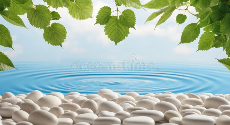 Smooth Pebbles and Lush Green Leaves Frame a Clear Blue Pond. Stock ...