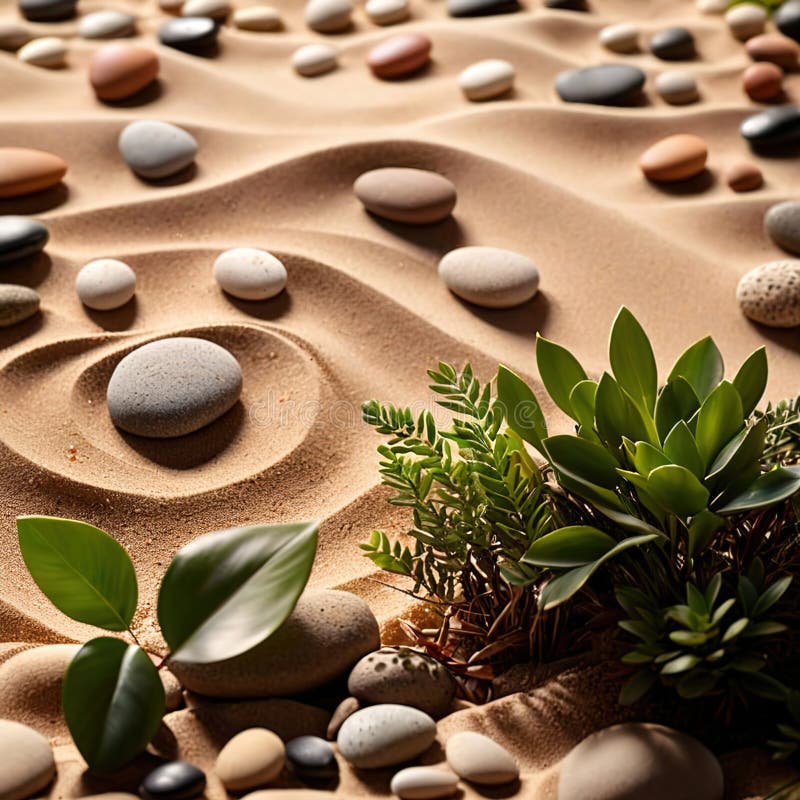 Smooth Pebbles and Sprigs of Greenery Arranged Artistically on Raked ...