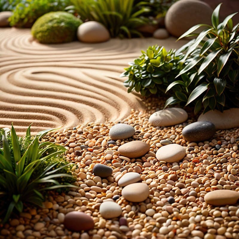 Smooth Pebbles and Sprigs of Greenery Arranged Artistically on Raked ...