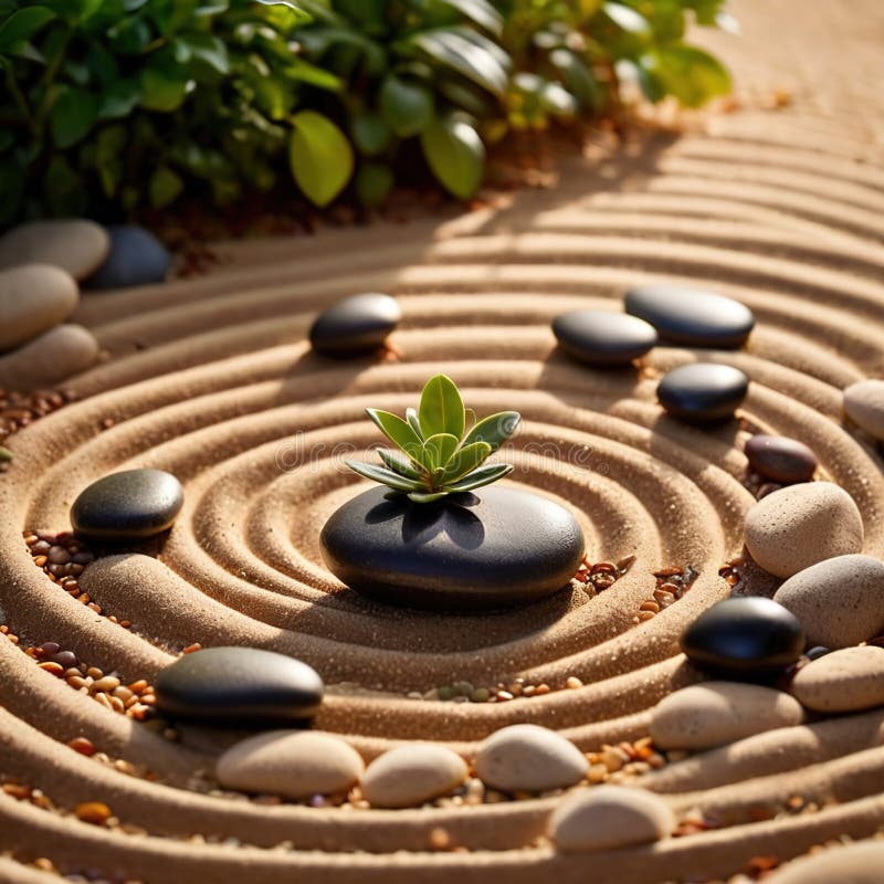 Smooth Pebbles and Sprigs of Greenery Arranged Artistically on Raked ...