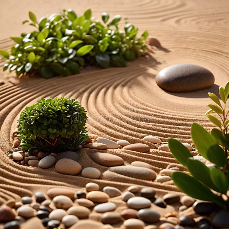 Smooth Pebbles and Sprigs of Greenery Arranged Artistically on Raked ...