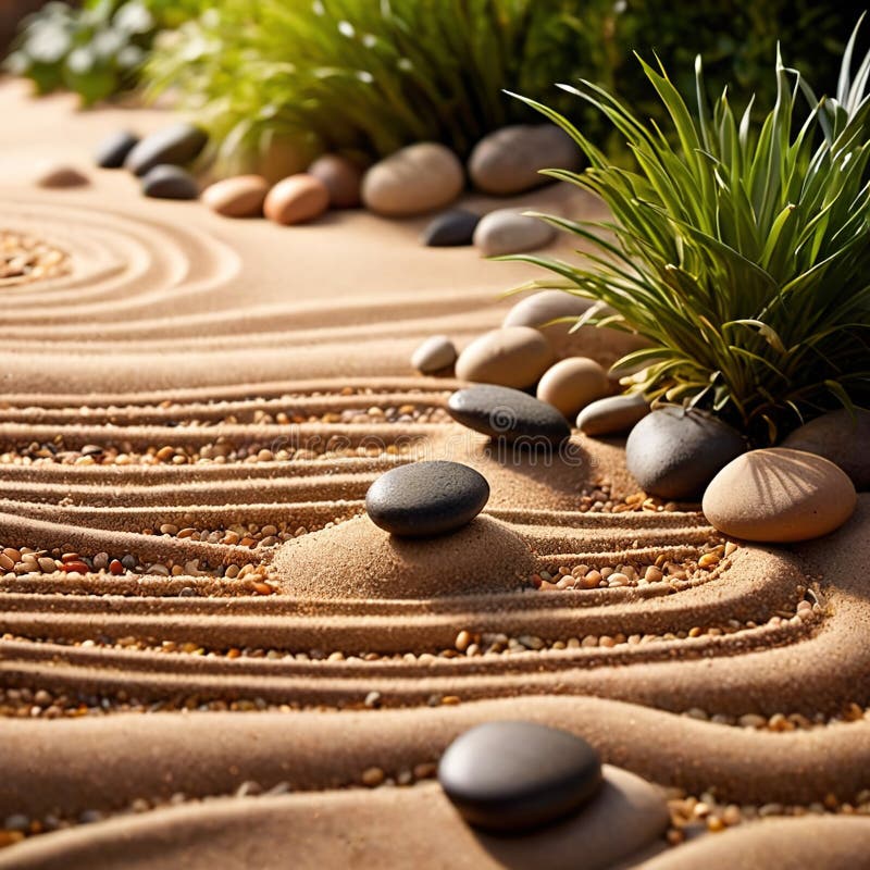 Smooth Pebbles and Sprigs of Greenery Arranged Artistically on Raked ...