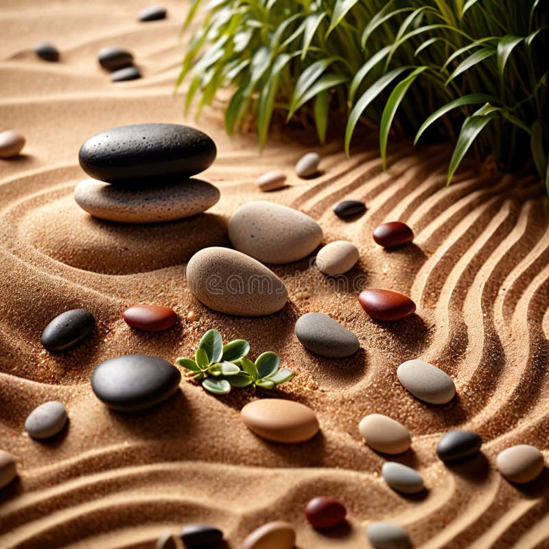Smooth Pebbles and Sprigs of Greenery Arranged Artistically on Raked ...